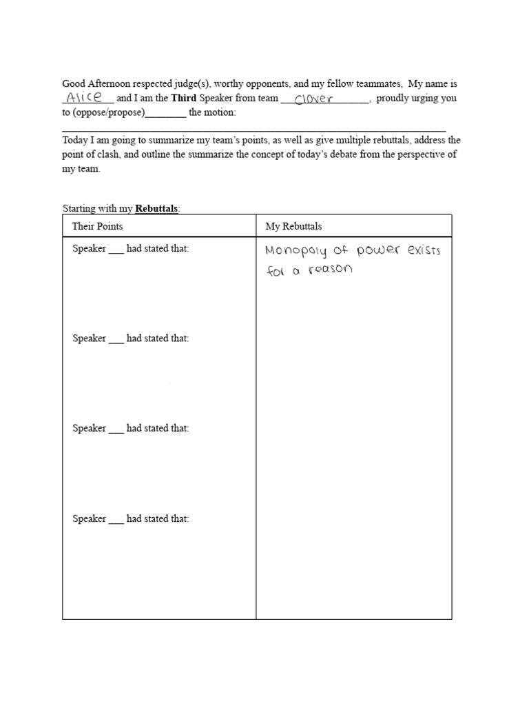 Third Speaker Debate Structure Template | PDF
