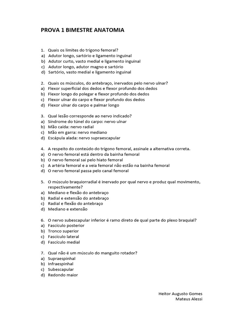 Prova 1 Bimestre - Anatomia (Final) | PDF | Membros (anatomia) | Sistema Locomotor