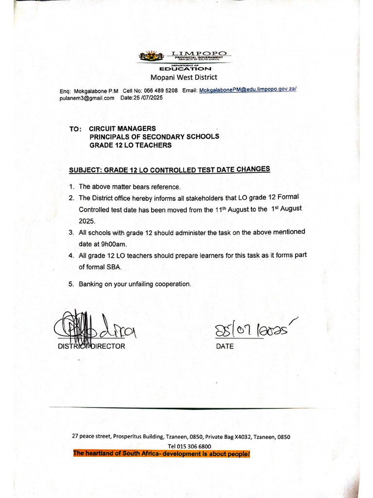 Grade 12 Lo Controlled Test Date Changes | PDF