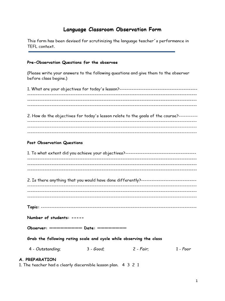 Classroom Observation Form for TEFL | PDF | Teachers | Classroom