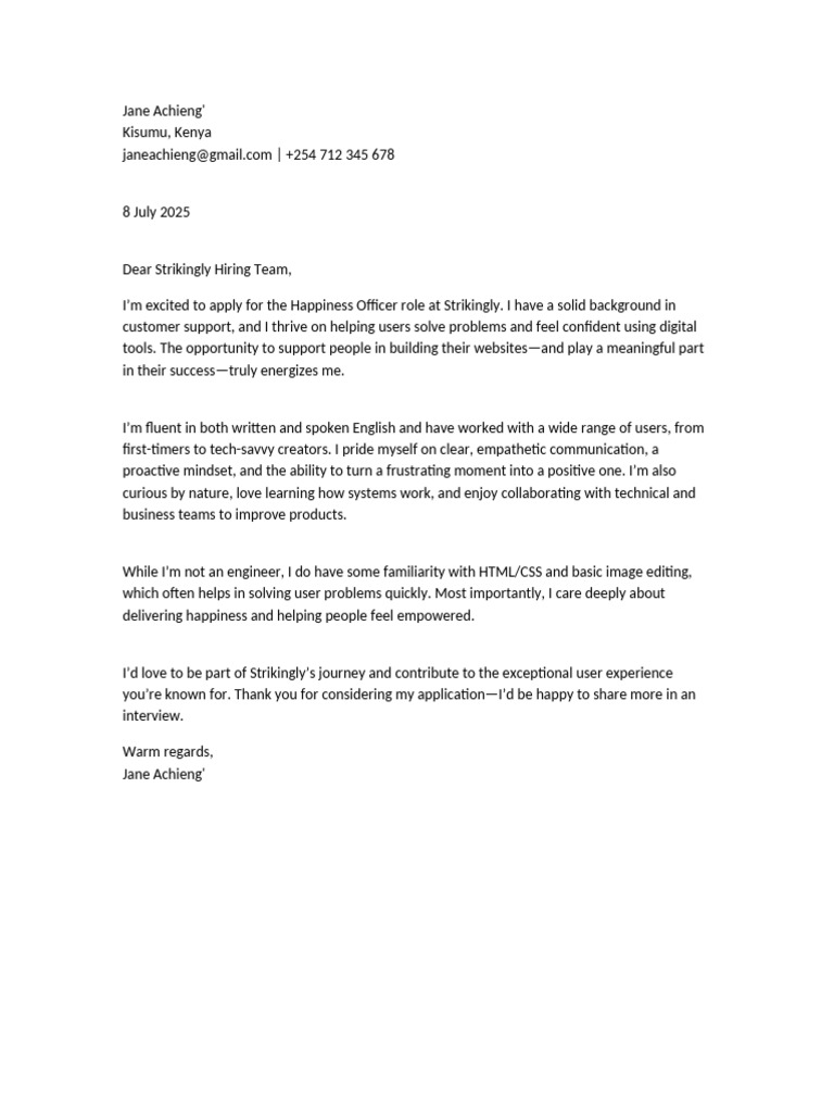 Jane Achieng Cover Letter | PDF