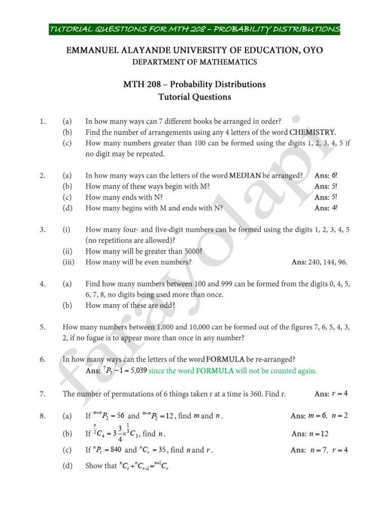 MTH 208 Probability Distributions Tutorial | PDF | Variance | Data Analysis