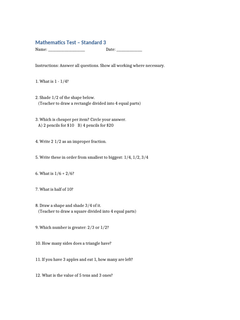 Std3 Math Test 12 Questions | PDF