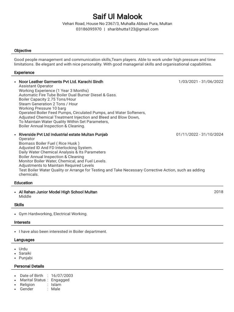 Boiler Operator Resume - Multan | PDF