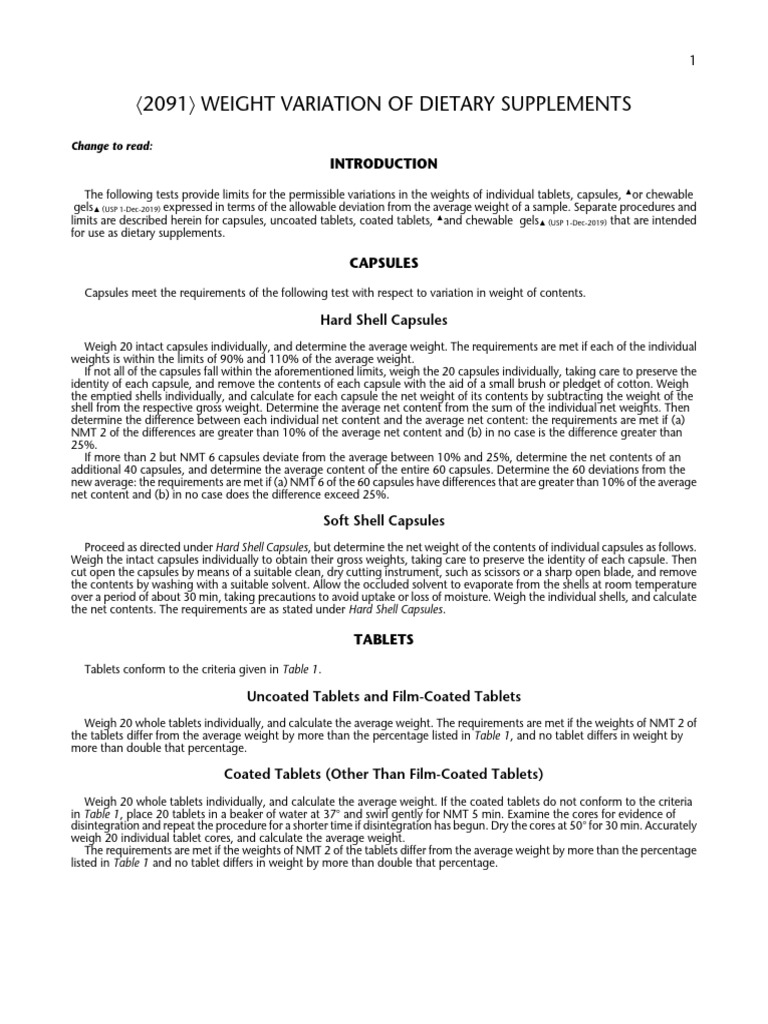 USP 2091 Weight Variation Standards | PDF | Tablet (Pharmacy)