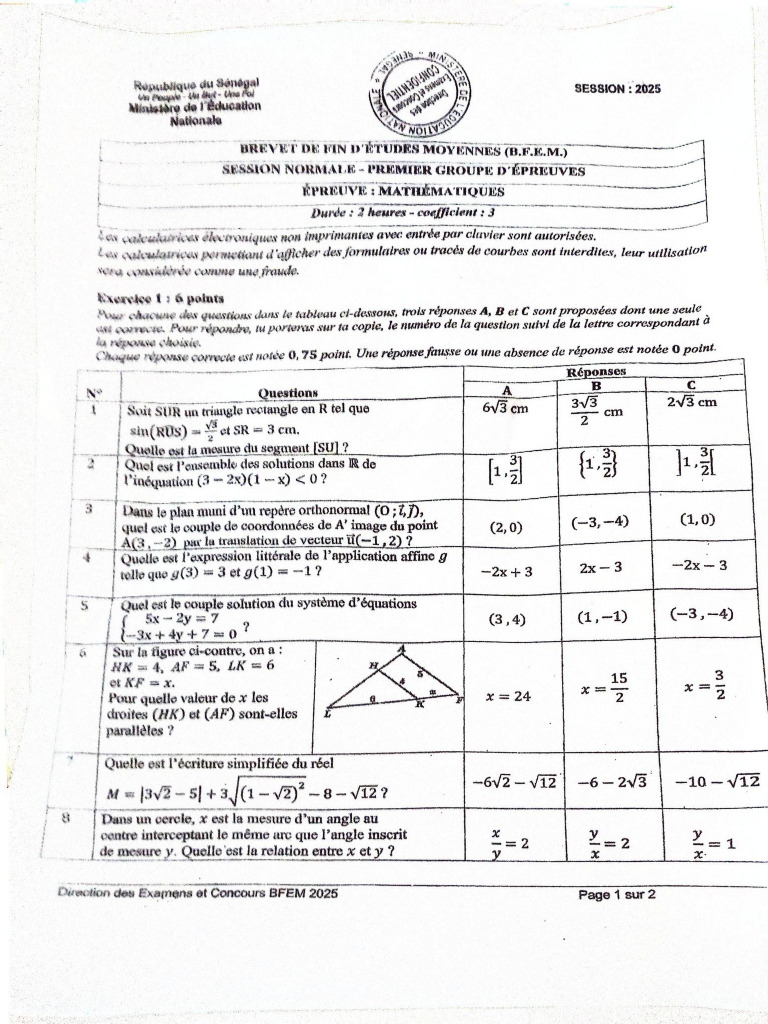Preuve de Mathématiques - BFEM 2025 - Sénégal - Premier Groupe D ...