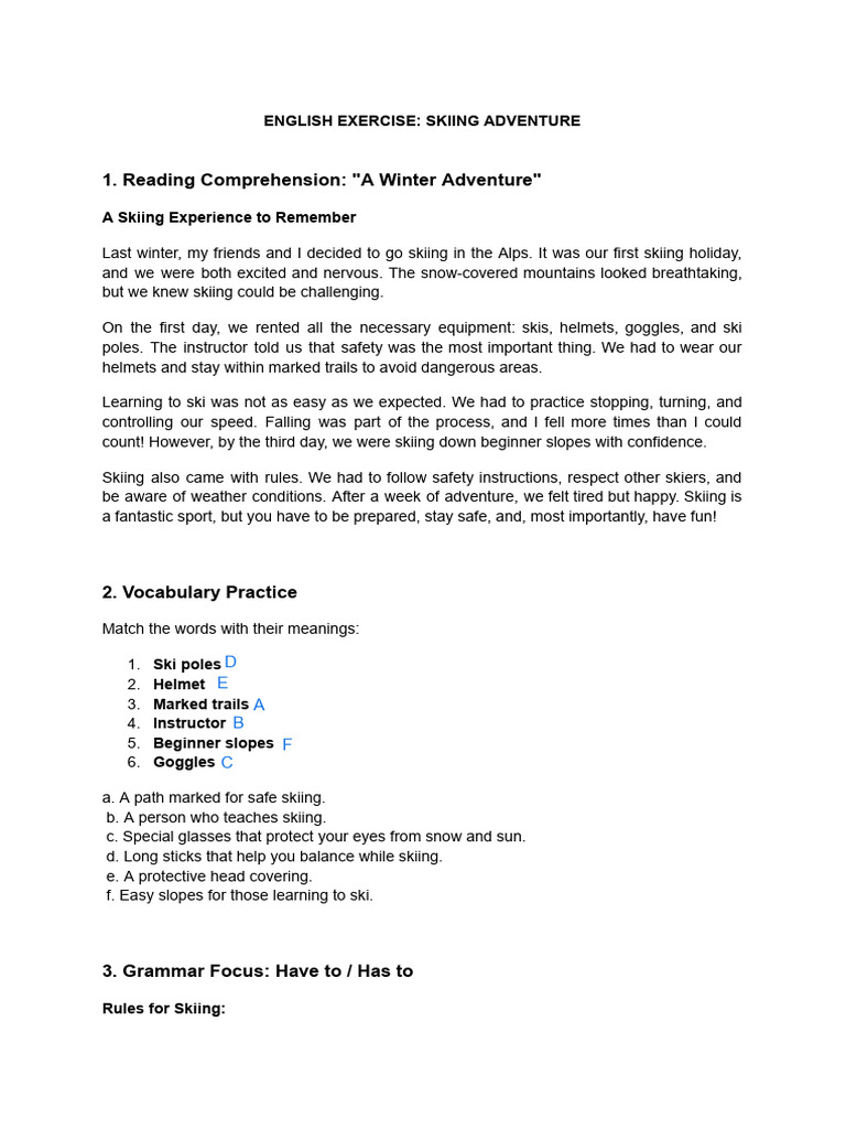 Skiing Adventure: English Exercise Guide | PDF | Racing | Individual Sports