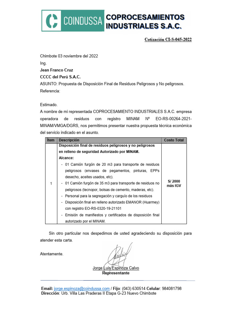 CI-S-045 Dispoisicion Final de Residuos Peligrosos y No Peligrosos - CCCC Del Perú S.a.C | PDF