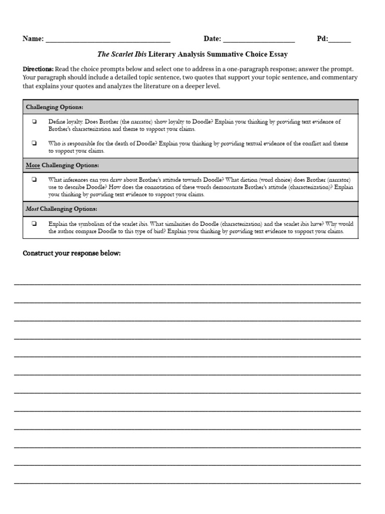 Scarlet Ibis Literary Analysis Guide | PDF | Learning | Cognition