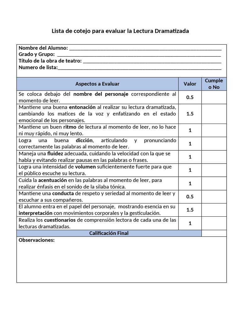 Lista de Cotejo para Evaluar La Lectura Dramatizada | PDF