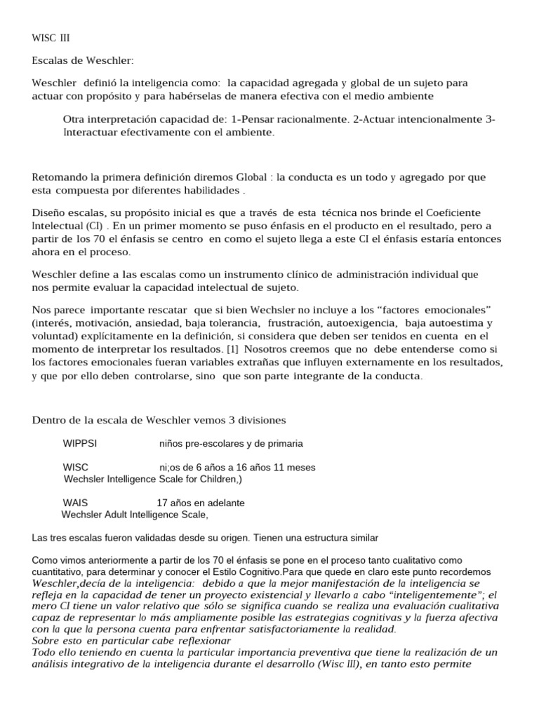 Evaluación de Inteligencia: WISC III | PDF | Inteligencia | Escala de ...