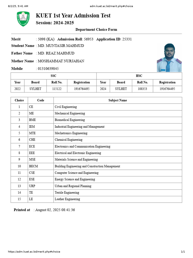 Adm - Kuet.ac - BD Merit - Php#choice | PDF
