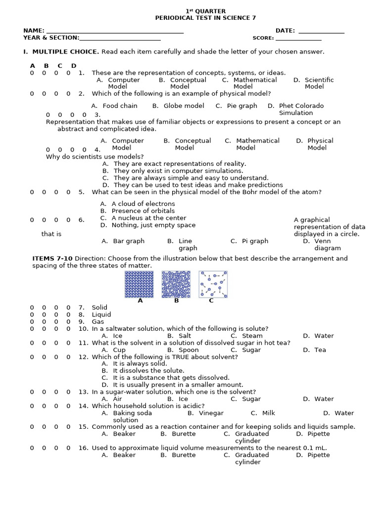 Science 7 Q1 Periodical Test | PDF | Gases | Liquids