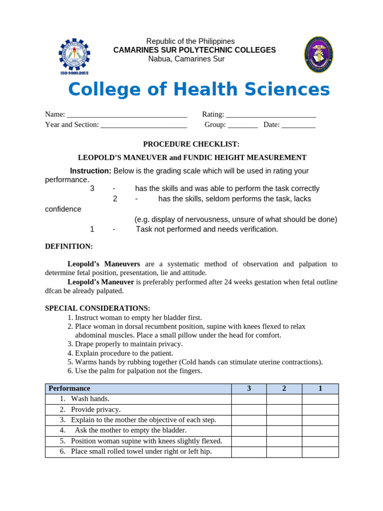 Leopolds Maneuver Fundic Height MeasurementChecklist202201 3 | PDF ...