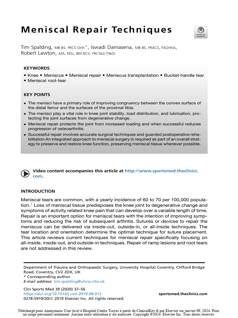 Thierry Marnay's Meniscus Repair Methods | PDF | Knee | Limbs (Anatomy)
