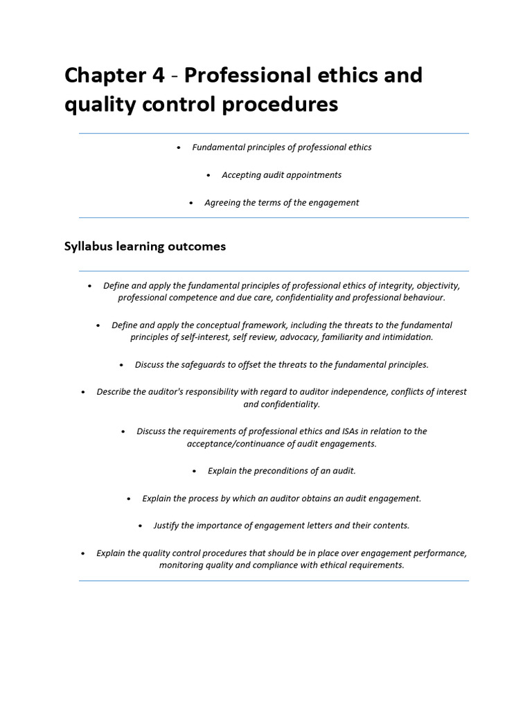 Chapter 4 - Professional ethics and quality control procedures | PDF | Audit | Professional Ethics