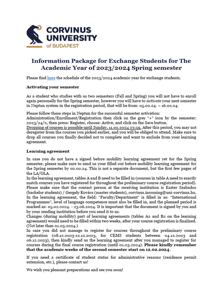 Information Package 2023 24 Incoming Students Fall Spring | PDF