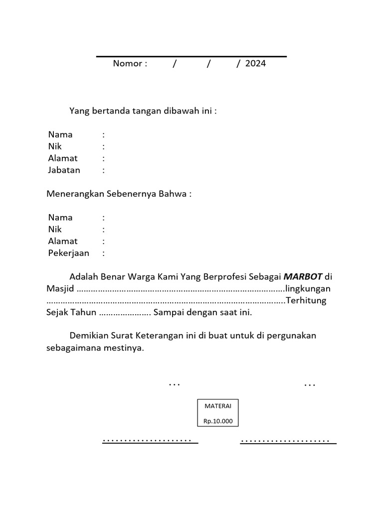 Surat Keterangan Marbot Masjid 2024 | PDF