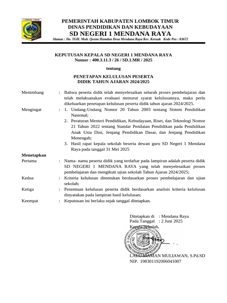 Penetapan Kelulusan SDN 1 Mendana Raya | PDF