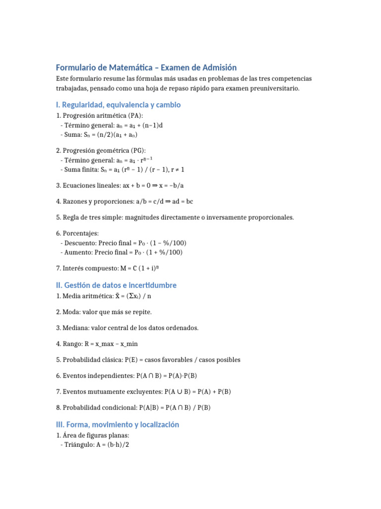Formulario de Matemáticas para Exámenes | PDF
