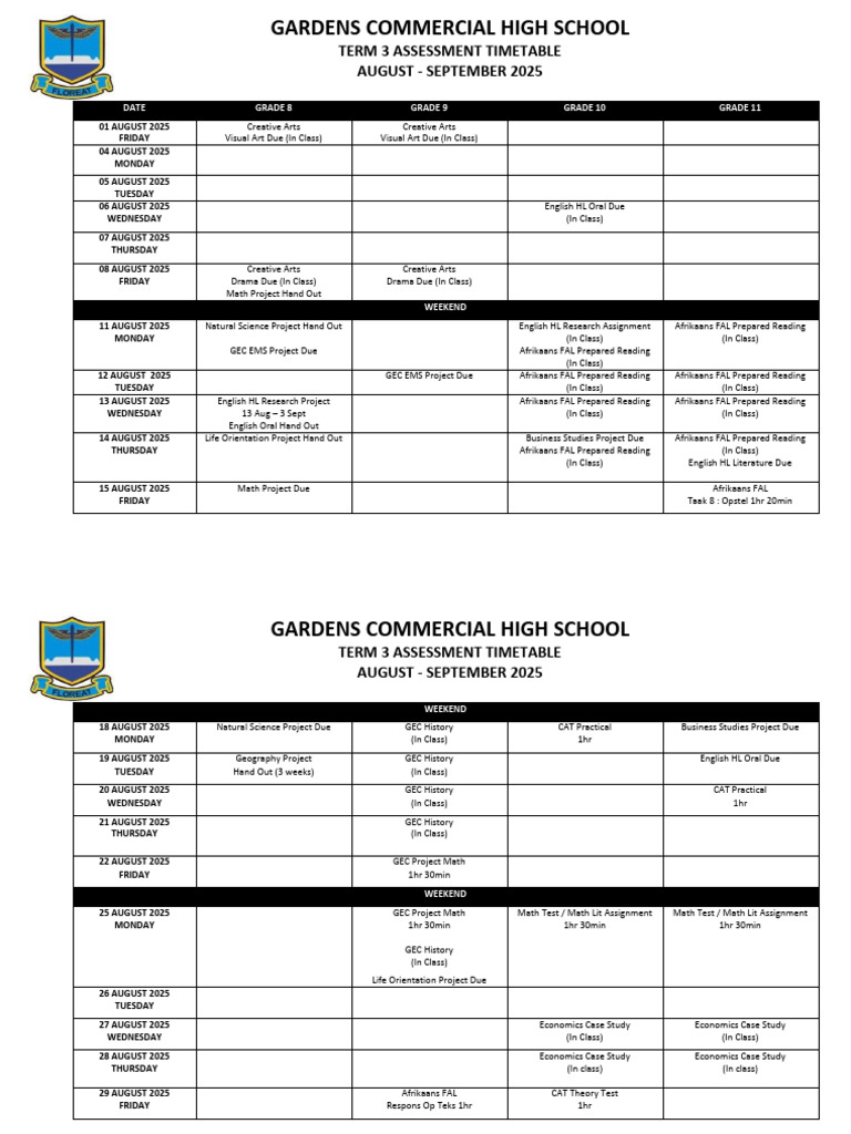 TERM 3 Assessment Timetable 2025 GR8-11 | PDF | Science