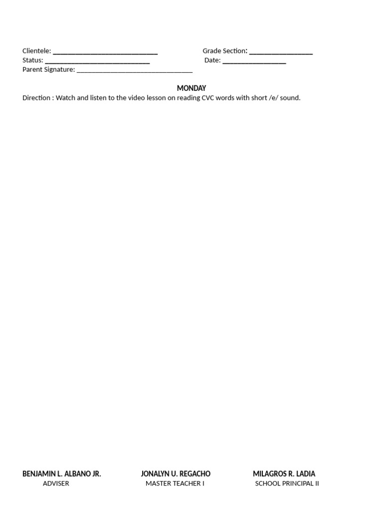 Aral Reading CVC With Short e Sounds | PDF
