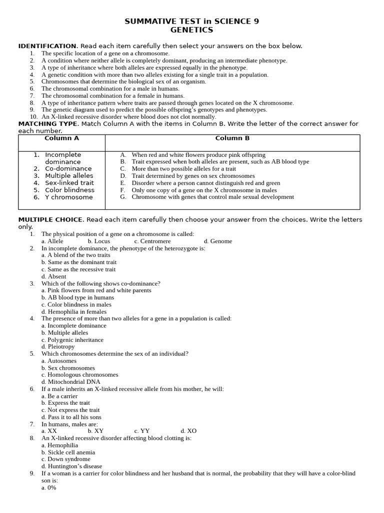 Summative Test Science9 | PDF | Genotype | Dominance (Genetics)