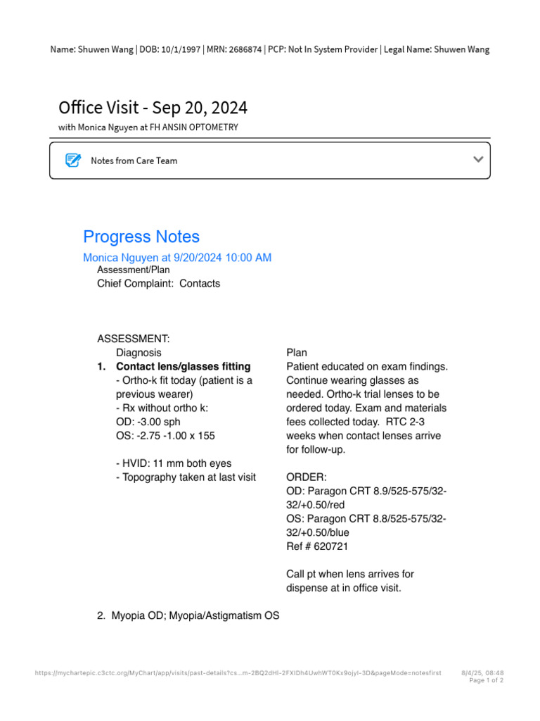 MyChart - Past Visit Details | PDF | Eye | Ophthalmology