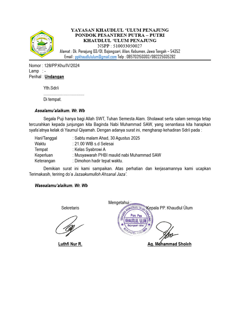 Undangan Musyawarah PHBI Maulid Nabi | PDF
