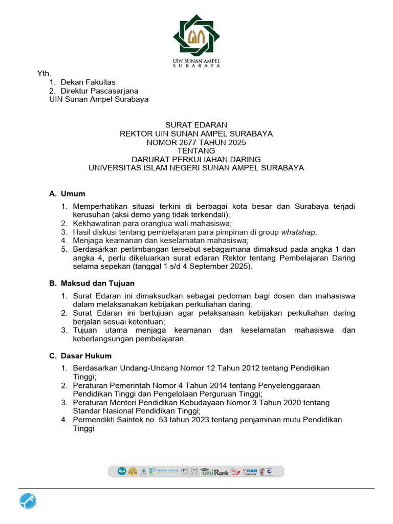 Surat Edaran Darurat Kuliah Daring UIN | PDF