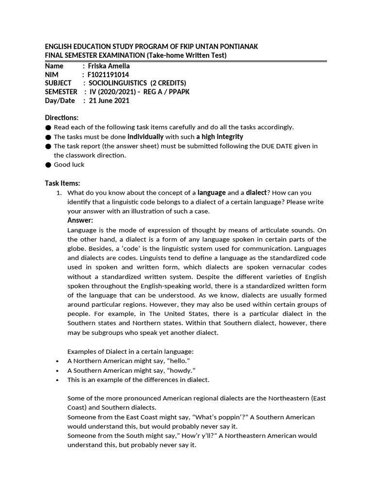 Friska Amelia - Final Exam Sociolinguistic A1+ | PDF | English Language ...
