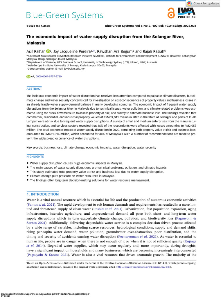 Economic Impact of Water Supply Distruption | PDF | Water | Water Security