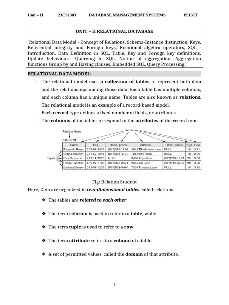 23CS1303 Unit 2 DBMS R 2023 PDF | PDF | Relational Model | Relational Database