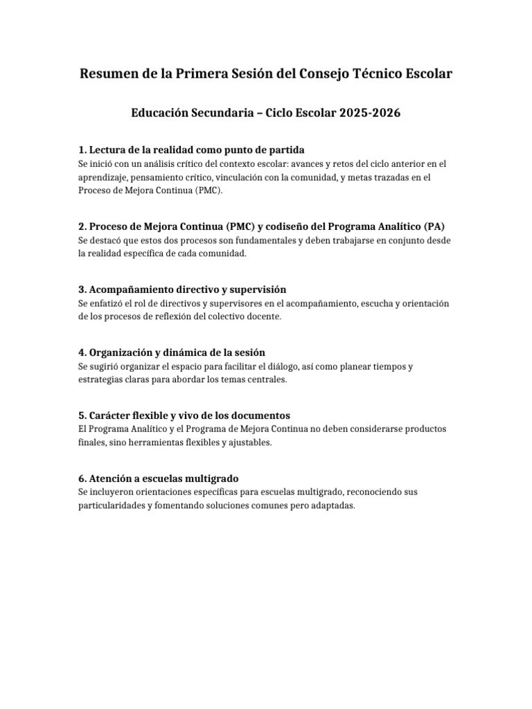 Resumen Primera Sesion CTE 2025-2026 | PDF