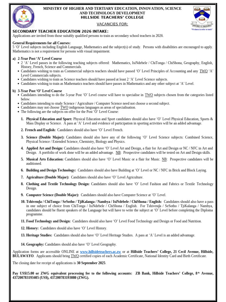 H. T. C 2026 Intake Advert | PDF | Teachers | Science