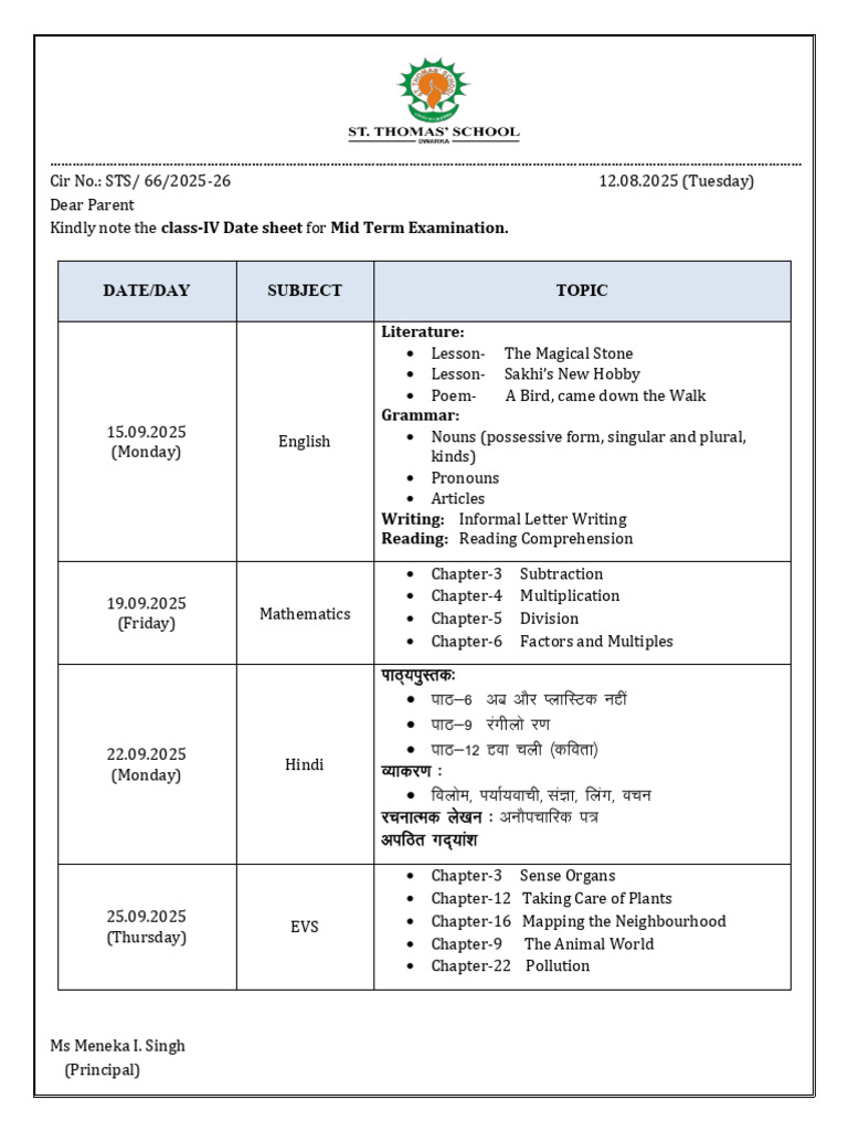 Cir No. 66 Mid Term Date Sheet (CLASS-4) | PDF