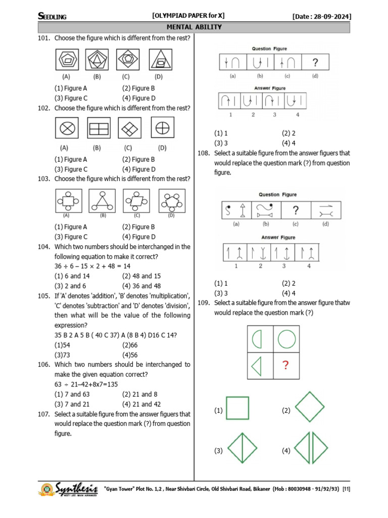 Mental Ability Olympiad Paper X | PDF | Mathematics | Elementary ...