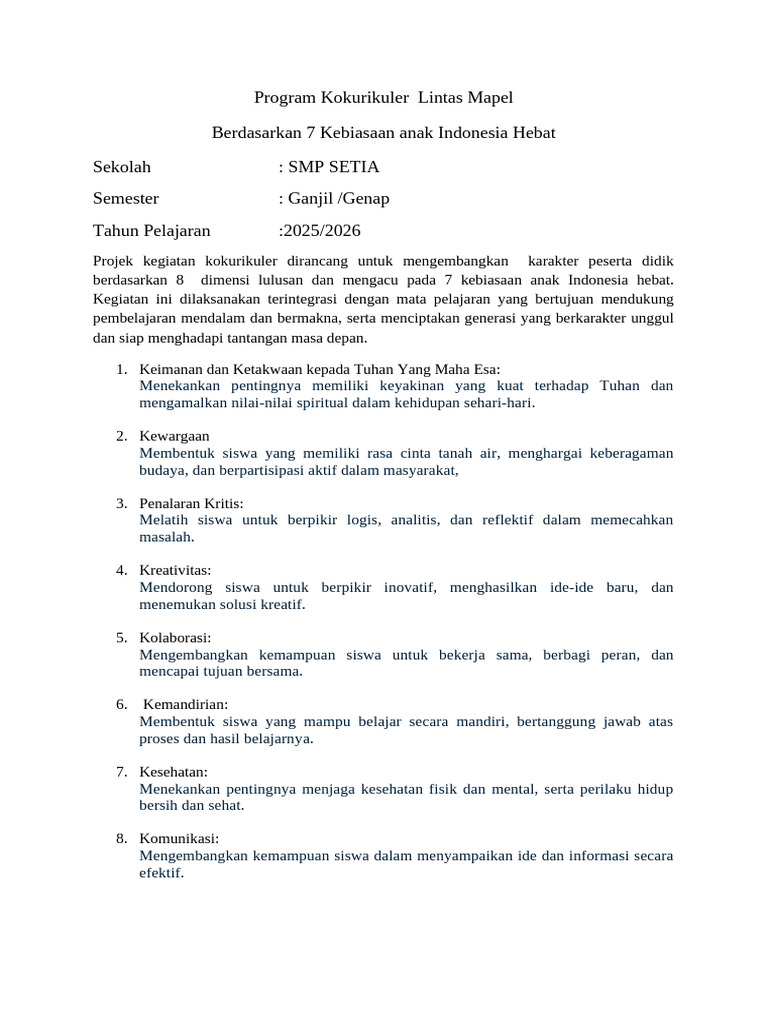 Program Kokurikuler Lintas Mapel SMP | PDF