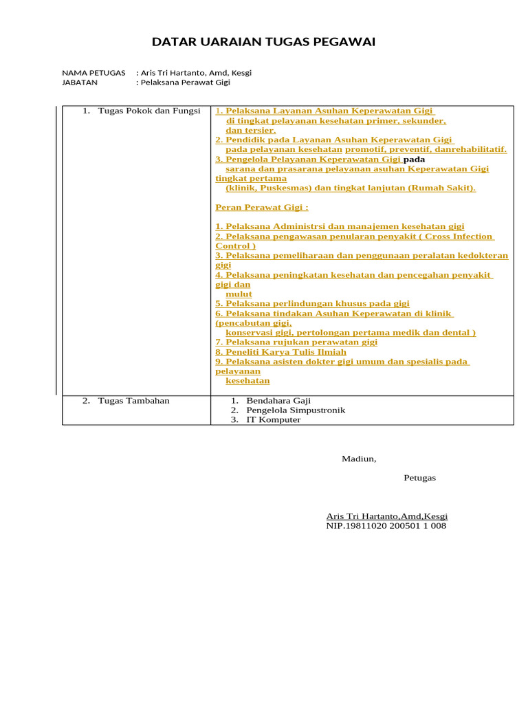 Tugas Pokok Perawat Gigi | PDF