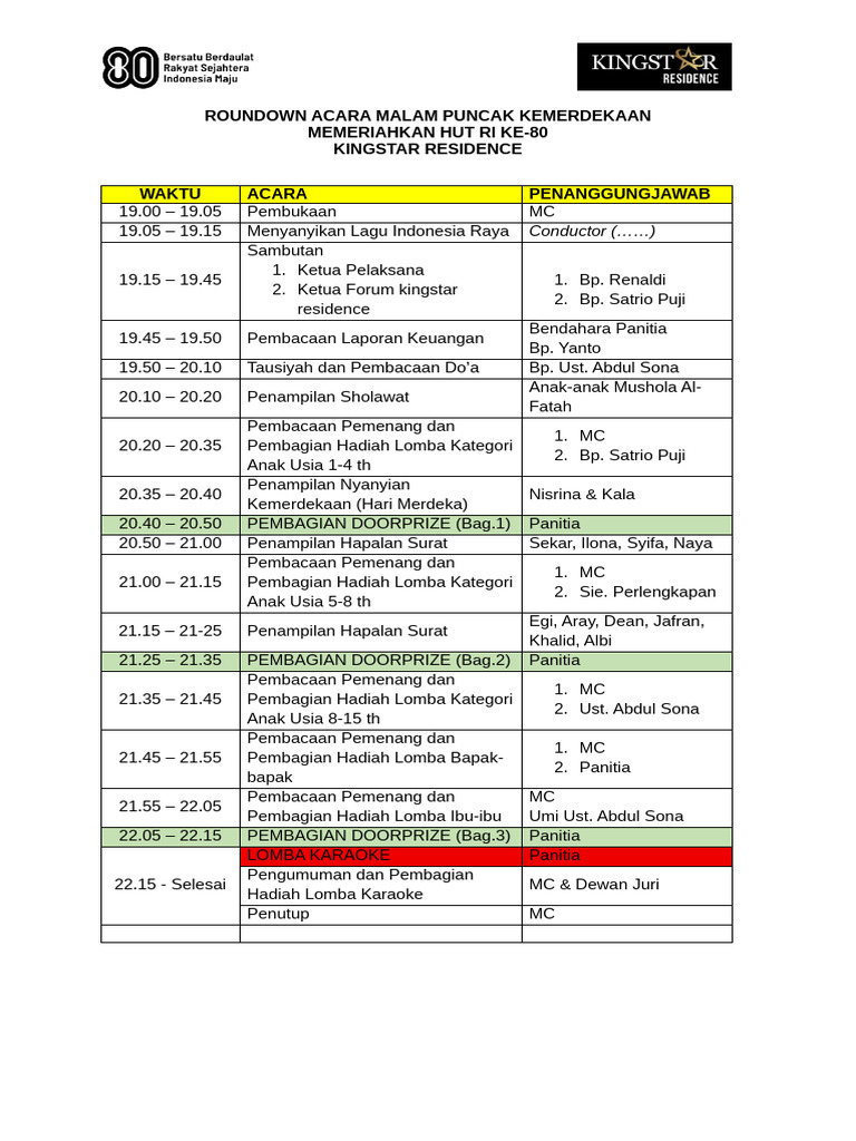 Roundown Acara Malam Puncak Kemerdekaan | PDF