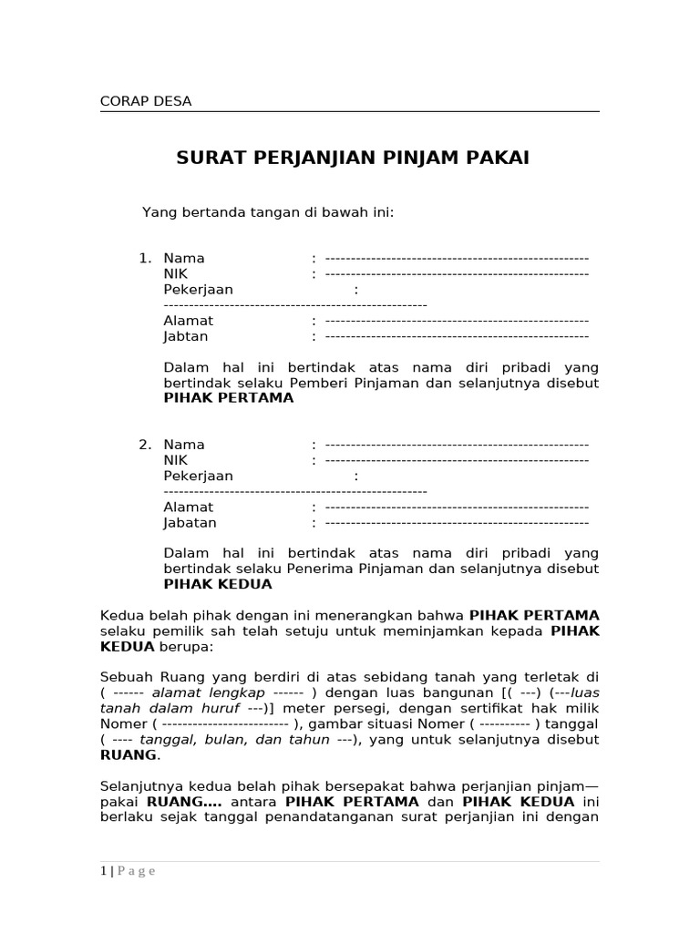 Surat Perjanjian Pinjam Pakai Ruang | PDF