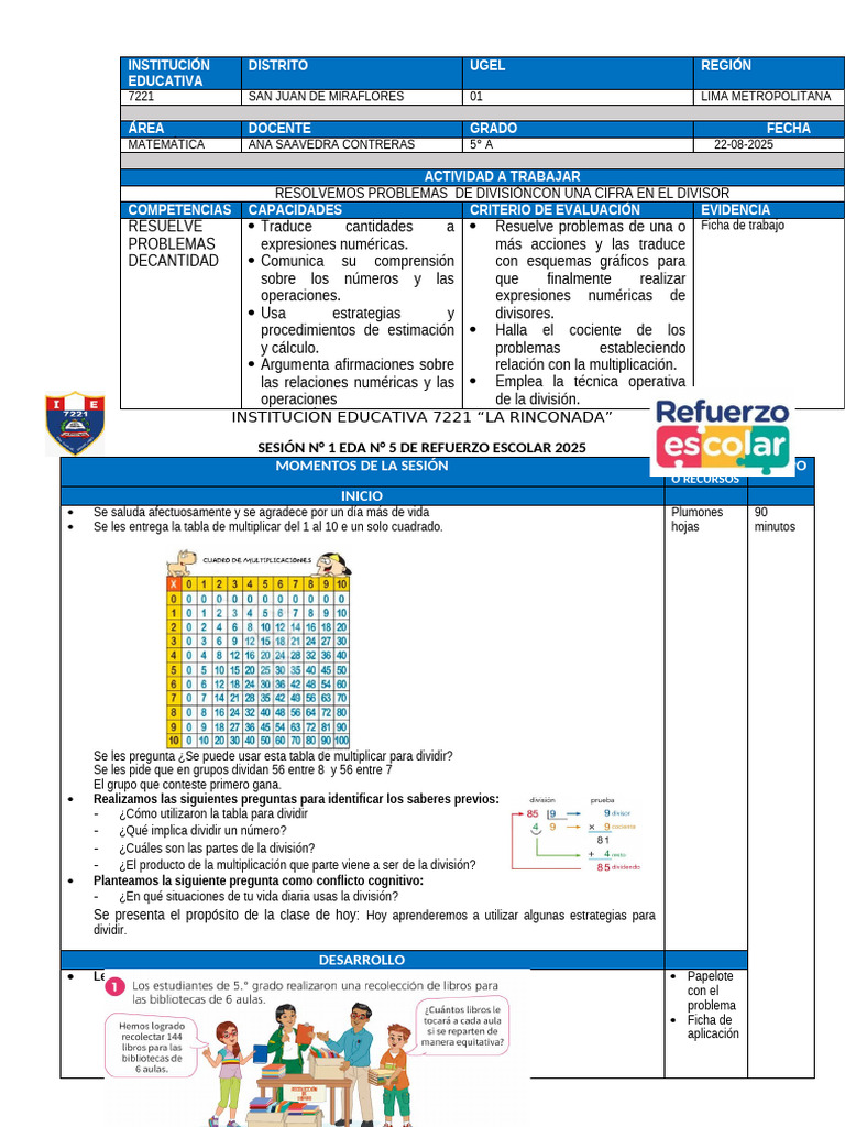 Ref. Mat. Resolvemos Problemas de División Con Una Cifra en El Divisor (1) | PDF | División ...