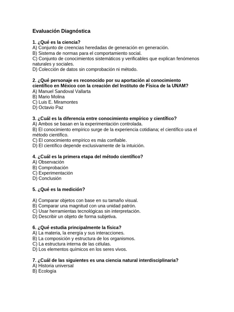 Evaluación Diagnóstica P1 | PDF | Masa | Método científico