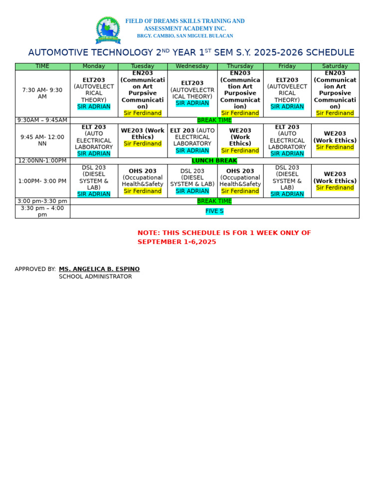 2nd Year Time Table 1st Week of September | PDF
