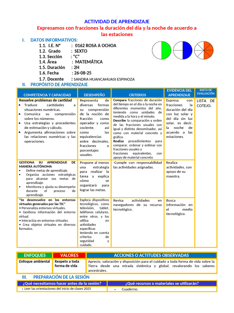 D2 A1 SESION MAT. Expresamos Con Fracciones La Duración Del Día y La ...