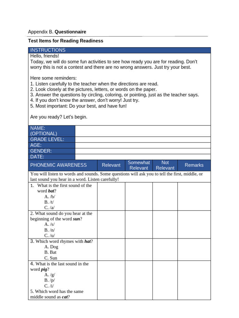 Reading Readiness Questionnaire Activities | PDF | Learning | Human ...