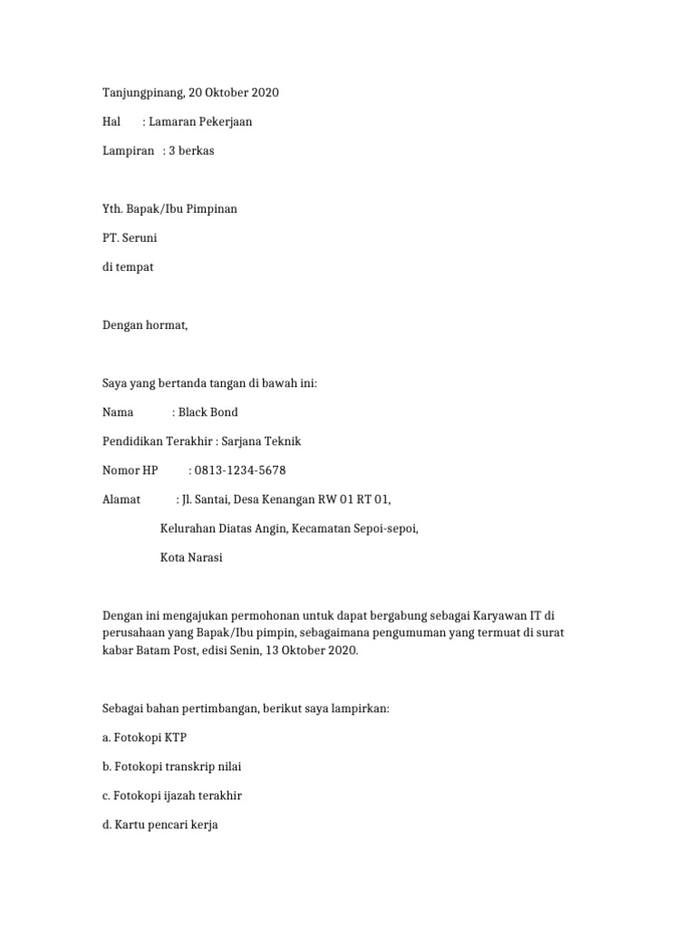 Surat Lamaran Kerja Black Bond | PDF