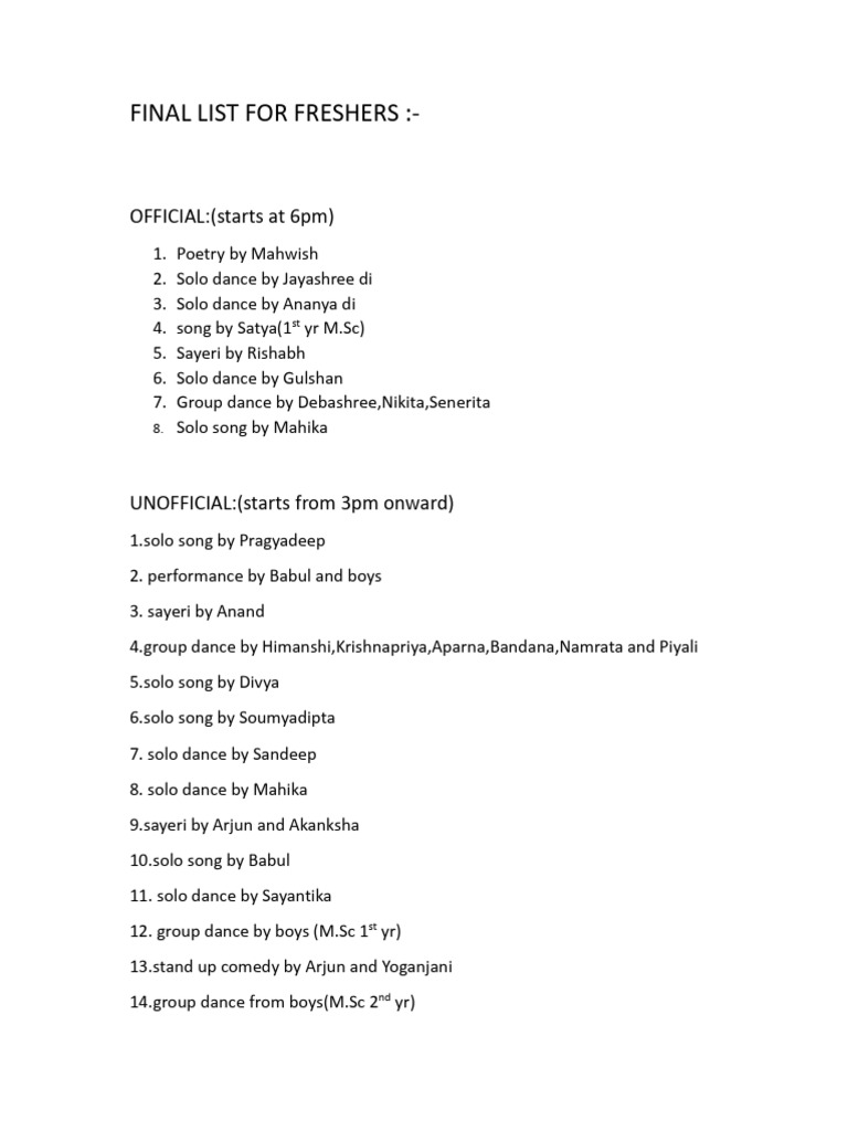 Freshers Event Performance Schedule | PDF