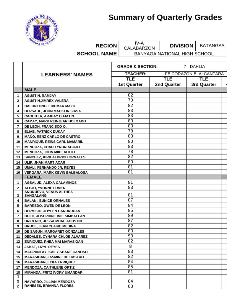 Banyaga National High School Grades | PDF