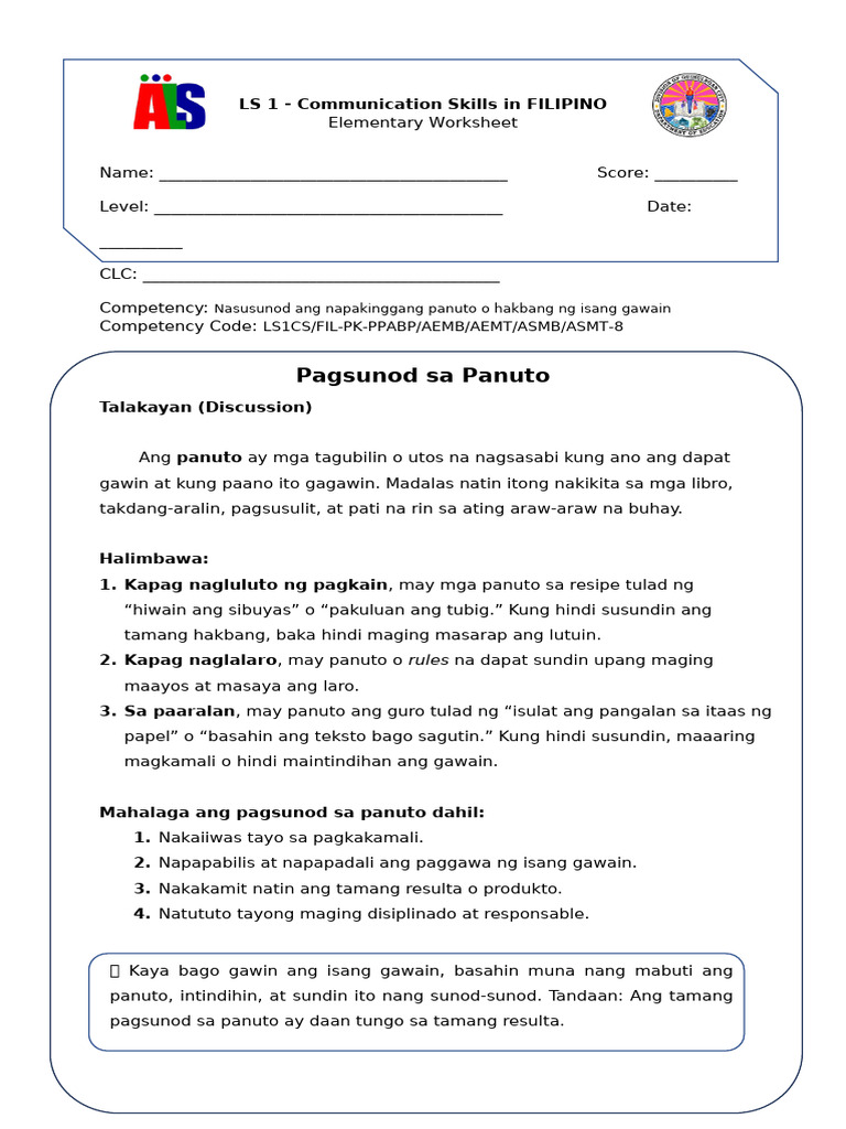 Set 2 - Nakasunod Sa Panuto | PDF